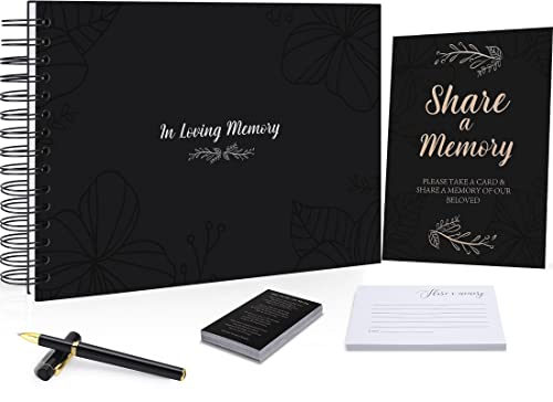 Fablus Funeral Guest Book Celebration of Life, Guest Book for Memorial Service, 40 Pcs Prayer Cards and Share a Memory Cards, Silver Signature Pen and Table Card with Stand