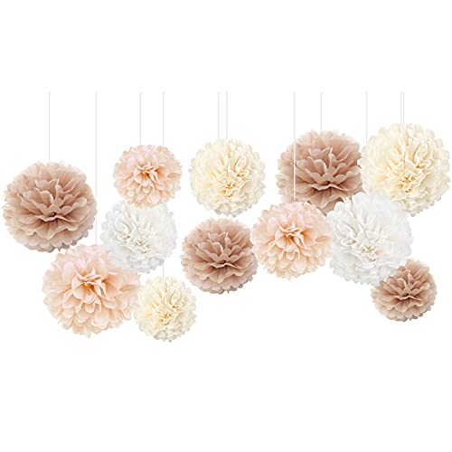 NICROHOME Wedding Decorations, 12 PCS Champagne Tissue Paper Pom Poms, Creamy White Paper Flowers for Engagement Receptions, Bachelorette, Birthday, Bridal Showers Party Supplies