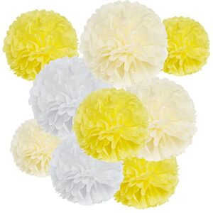 tissue paper pom poms party decorations, hmxpls tissue balls colorful flowers pom, large pom poms for wedding birthday celebration outdoor decoration – yellow & white (8″/ 10″/ 12″)