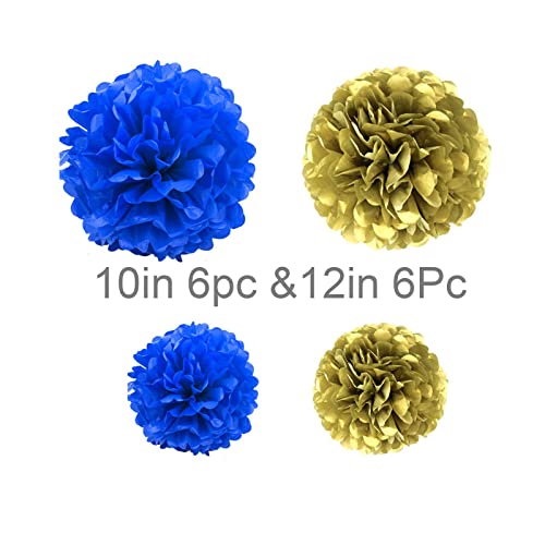 Navy Blue and Gold Tissue Paper Pom Poms Hanging Tissue Flowers Poms Decorations Pack of 12 for Wedding, Birthday,Party Backdrop Decor ect. (12", 10",Tissue Paper Flowers)