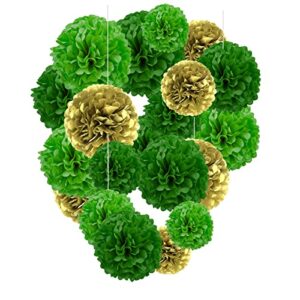 green and gold paper pom poms – 10″,12″ tissue pom poms decorations for party hanging decor – 12 piece set