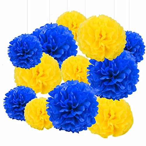 Navy Blue and Yellow Tissue Paper Pom Poms,Hanging Paper PomPoms Flower Ball Wedding Birthday Party Decoration （6Pcs 12in Pom Pom & 6Pcs 10in Pom Pom）