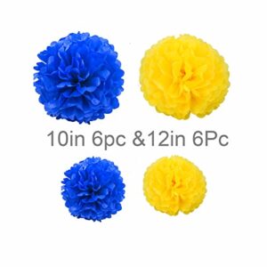 Navy Blue and Yellow Tissue Paper Pom Poms,Hanging Paper PomPoms Flower Ball Wedding Birthday Party Decoration （6Pcs 12in Pom Pom & 6Pcs 10in Pom Pom）