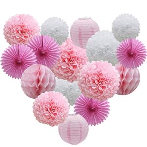 16pcs pink party decorations paper pom poms honeycomb balls lanterns tissue fans for birthday wedding baby shower graduation valentine party supplies