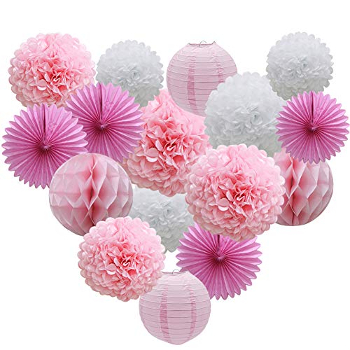 16pcs Pink Party Decorations Paper Pom Poms Honeycomb Balls Lanterns Tissue Fans for Birthday Wedding Baby Shower Graduation Valentine Party Supplies