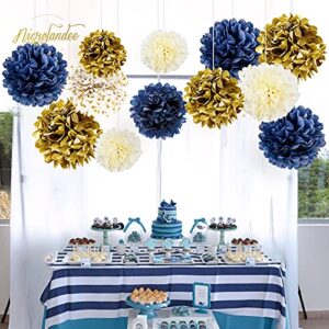 NICROLANDEE 12 PCS Navy Blue Gold Tissue Paper Pom Poms for Birthday, Baby Bridal Shower, Wedding, Bachelorette, Get Ready, Graduations, Navy Blue Party Decorations