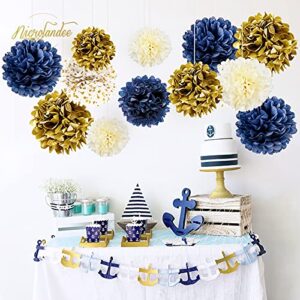 NICROLANDEE 12 PCS Navy Blue Gold Tissue Paper Pom Poms for Birthday, Baby Bridal Shower, Wedding, Bachelorette, Get Ready, Graduations, Navy Blue Party Decorations