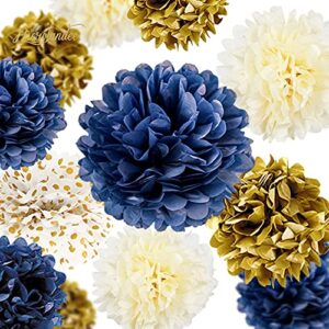 NICROLANDEE 12 PCS Navy Blue Gold Tissue Paper Pom Poms for Birthday, Baby Bridal Shower, Wedding, Bachelorette, Get Ready, Graduations, Navy Blue Party Decorations