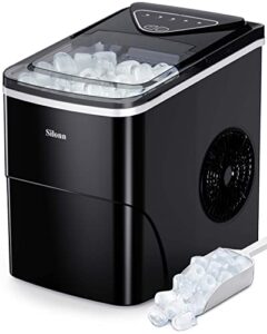 silonn ice makers countertop, 9 cubes ready in 6 mins, 26lbs in 24hrs, self-cleaning ice machine with ice scoop and basket, 2 sizes of bullet ice for home kitchen office bar party