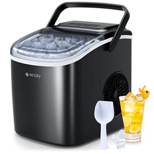 ecozy portable ice maker countertop, 9 cubes ready in 6 mins, 26 lbs in 24 hours, self-cleaning ice maker machine with ice bags/standing ice scoop/ice basket for kitchen office bar party, black