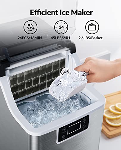 Silonn Countertop Ice Maker, 45lbs Per Day, 24Pcs Ice Cubes in 13 Min, 2 Ways to Add Water, Auto Self-Cleaning, Stainless Steel Ice Machine for Home Office Bar Party