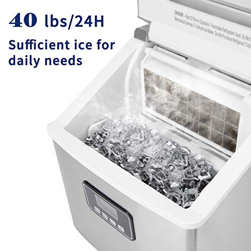 EUHOMY Ice Maker Machine Countertop, 40Lbs/24H Portable Compact Ice Cube Maker, With Ice Scoop & Basket, Perfect for Home/Kitchen/Office/Bar (Sliver)