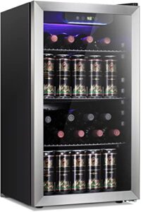 antarctic star 26 bottle wine cooler/cabinet beverage refrigerator mini wine cellar beer soda clear glass door counter top bar fridge quiet compressor adjust temp 130-can freestanding 3.2cu.ft black