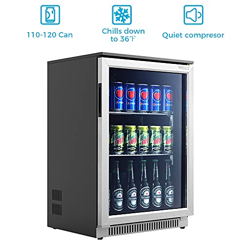 WEILI Beverage Refrigerator and Cooler, 20 Inches Wide Under Counter Fridge with Stainless Steel & Glass Door, Auto Defrost, Freestanding or Built in