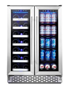 phiestina wine cooler beverage refrigerator, 24” beer wine fridge with dual-zone digital temperature control, glass front doors and interior lighting holds 20 bottles and 72 cans on removable shelves