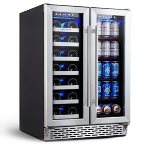 Phiestina Wine Cooler Beverage Refrigerator, 24” Beer Wine Fridge with Dual-Zone Digital Temperature Control, Glass Front Doors and Interior Lighting Holds 20 Bottles and 72 Cans on Removable Shelves