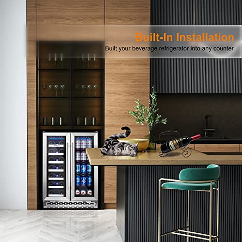 Phiestina Wine Cooler Beverage Refrigerator, 24” Beer Wine Fridge with Dual-Zone Digital Temperature Control, Glass Front Doors and Interior Lighting Holds 20 Bottles and 72 Cans on Removable Shelves