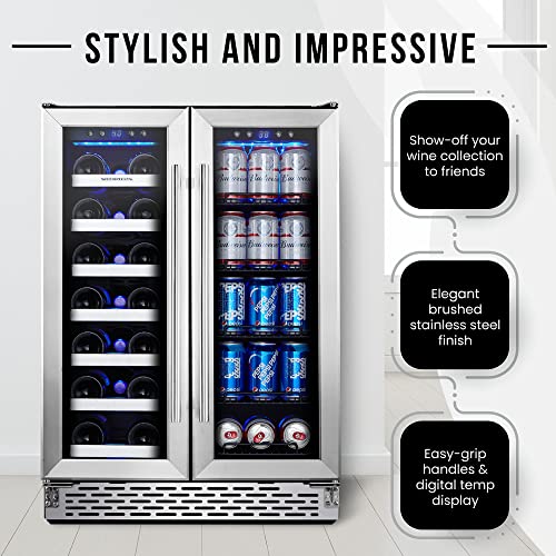 Phiestina Wine Cooler Beverage Refrigerator, 24” Beer Wine Fridge with Dual-Zone Digital Temperature Control, Glass Front Doors and Interior Lighting Holds 20 Bottles and 72 Cans on Removable Shelves