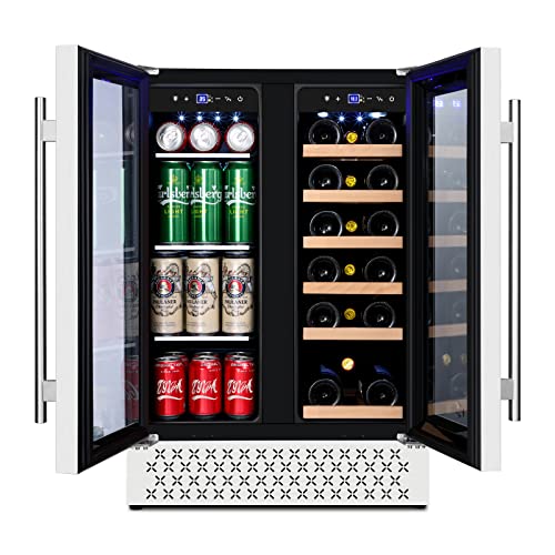 Tylza Wine and Beverage Refrigerator, 24 Inch Built-In Dual Zone Wine and Beverage Cooler, Freestanding French Door Drink Fridge, Wine Beer Cooler Under Counter Refrigerator TYBC120