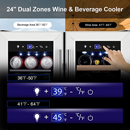 Tylza Wine and Beverage Refrigerator, 24 Inch Built-In Dual Zone Wine and Beverage Cooler, Freestanding French Door Drink Fridge, Wine Beer Cooler Under Counter Refrigerator TYBC120