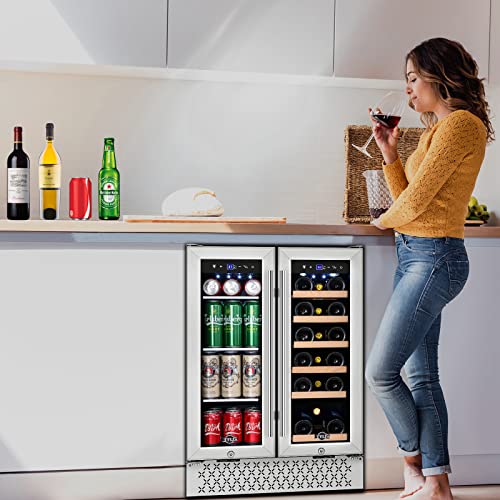 Tylza Wine and Beverage Refrigerator, 24 Inch Built-In Dual Zone Wine and Beverage Cooler, Freestanding French Door Drink Fridge, Wine Beer Cooler Under Counter Refrigerator TYBC120