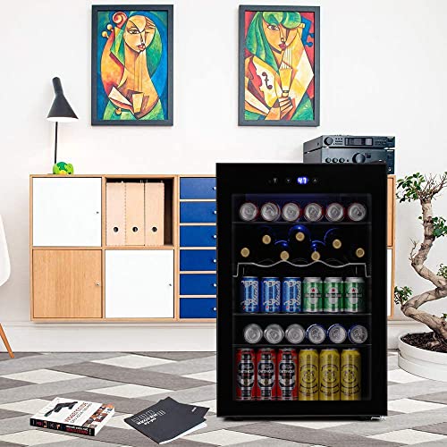 Kismile 4.5 Cu.ft Beverage Refrigerator and Cooler, 145 Can Mini Fridge Glass Door w/Digital Temperature Display for Soda, Beer or Wine, Small Drink Dispenser Cooler for Home, Office or Bar