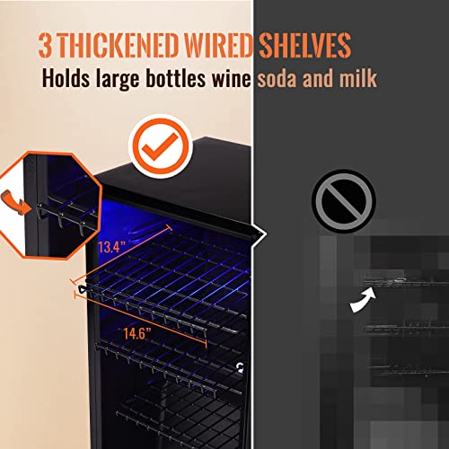 WANAI Beverage Refrigerator Cooler Mini Fridge Glass Door 125 Cans Beer Fridge Drinks Organizer for Soda Wine Small Refrigerator with 7 Thermostat 3 Shelves LED Lights for Home Bar Office