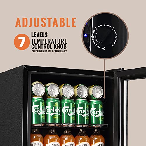 WANAI Beverage Refrigerator Cooler Mini Fridge Glass Door 125 Cans Beer Fridge Drinks Organizer for Soda Wine Small Refrigerator with 7 Thermostat 3 Shelves LED Lights for Home Bar Office