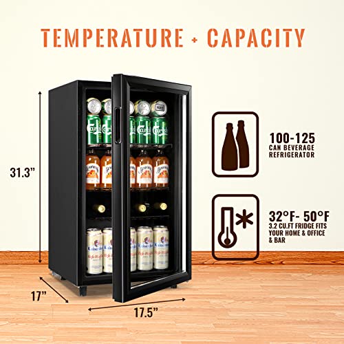 WANAI Beverage Refrigerator Cooler Mini Fridge Glass Door 125 Cans Beer Fridge Drinks Organizer for Soda Wine Small Refrigerator with 7 Thermostat 3 Shelves LED Lights for Home Bar Office