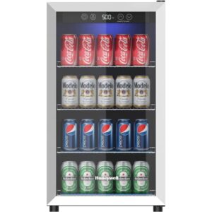 honeywell beverage refrigerator and cooler, 115 can mini fridge with glass door for soda beer or wine for office or bar with adjustable removable shelving