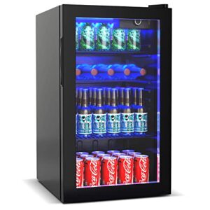 costway beverage refrigerator and cooler – 120 can mini fridge with glass door, removable shelves for soda beer wine, small drink refrigerator for home office bar, 3.2 cu.ft.