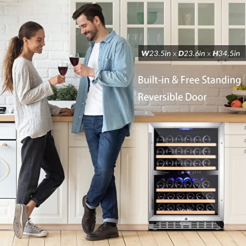 VINERIE Premium 24 Inch Wine Cooler Refrigerators, 46 Bottle Dual Zone Built-in or Freestanding Fridge with Upgrade Compressor & Tempered Glass Door, 41F-73F Digital Temperature Control