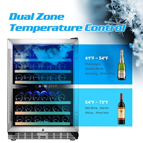 VINERIE Premium 24 Inch Wine Cooler Refrigerators, 46 Bottle Dual Zone Built-in or Freestanding Fridge with Upgrade Compressor & Tempered Glass Door, 41F-73F Digital Temperature Control