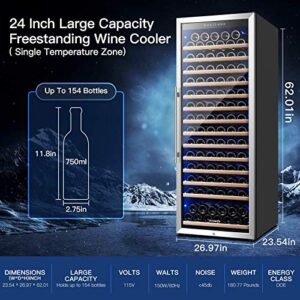 BODEGA Wine Cooler 24 Inch, 154 Bottles Wine Refrigerator, Freestanding Wine Fridge with Intelligent Temperature Memory & Humidity Control Design Wine Cooler, Upgraded Compressor, Quiet Operation