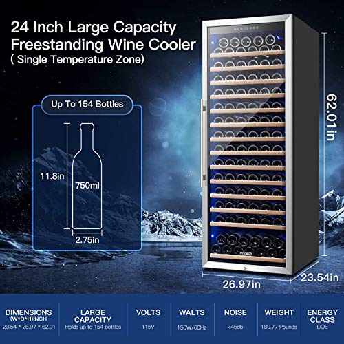 BODEGA Wine Cooler 24 Inch, 154 Bottles Wine Refrigerator, Freestanding Wine Fridge with Intelligent Temperature Memory & Humidity Control Design Wine Cooler, Upgraded Compressor, Quiet Operation