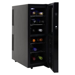 koolatron urban series 12 bottle dual zone wine cooler, black, thermoelectric wine fridge, freestanding wine cellar, red, white, sparkling wine storage for small kitchen, apartment, condo, rv