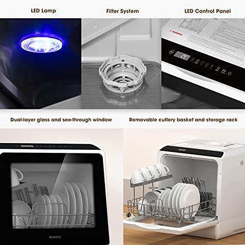 Portable Countertop Dishwashers, NOVETE Compact Dishwashers with 5 L Built-in Water Tank & Inlet Hose, 5 Washing Programs, Baby Care, Air-Dry Function and LED Light for Small Apartments, Dorms and RVs