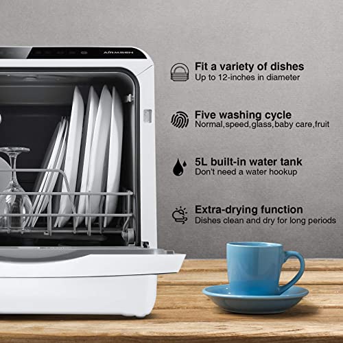 AIRMSEN Portable Countertop Dishwasher, Compact Mini Dishwasher with 5L Built-in Water Tank, 5 Washing Programs & Air-Dry Function, Baby Care, Glass & Fruit Wash for Apartments, Dorms and RVs