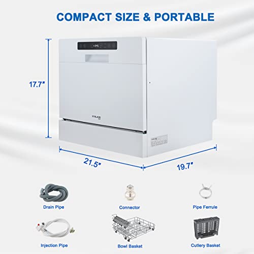 Compact Countertop Dishwasher, GASLAND Chef DW106W Portable Dishwasher with Air Dry Function, Dishwasher with 6 Place Setting and Silverware Basket for Apartment, Dorm and RV, White