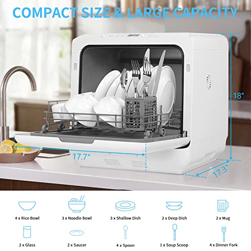 ROVSUN Portable Countertop Dishwasher, Mini Dishwasher with Built-in Water Tank, 5 Washing Programs, 360° Spray Arm, Air-Dry Function & Fruit Cleaning for Apartments, Dorms and RVs