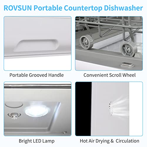 ROVSUN Portable Countertop Dishwasher, Mini Dishwasher with Built-in Water Tank, 5 Washing Programs, 360° Spray Arm, Air-Dry Function & Fruit Cleaning for Apartments, Dorms and RVs