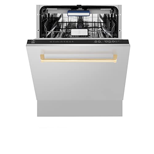 ZLINE Autograph Edition 24" 3rd Rack Top Control Tall Tub Dishwasher in Stainless Steel with Gold Handle, 51dBa (DWVZ-304-24-G)