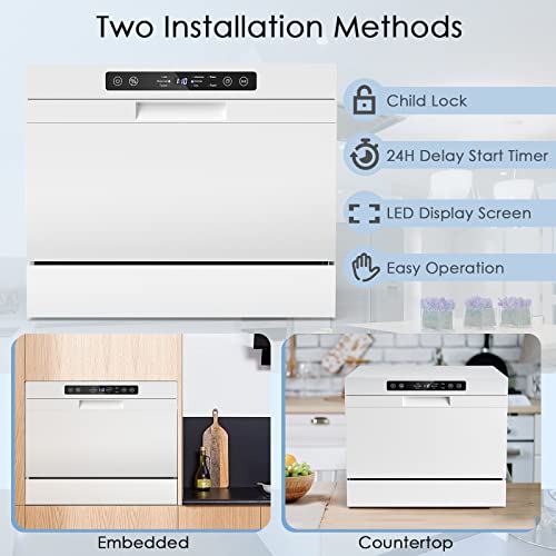 PETSITE Countertop Dishwasher, Portable Dishwasher w/ 5 Washing Programs, 6 Place Settings, 360° Dual Spray, High-Temperature Drying, Compact Kitchen Dishwasher for Dorm, RV, Small Apartment