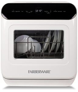 farberware fcdmgdwh complete portable countertop dishwasher with led light 2 place settings, 5 wash programs, glass door, white