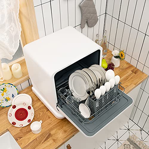 ARLIME Compact Countertop Dishwasher, Portable Dishwasher W/7.5-L Built-in Water Tank, 5-Program, 360° Dual Spray, 24H Air-Dry Function, Child Lock, Mini Dishwasher for Apartments, Dorms & RVs, White