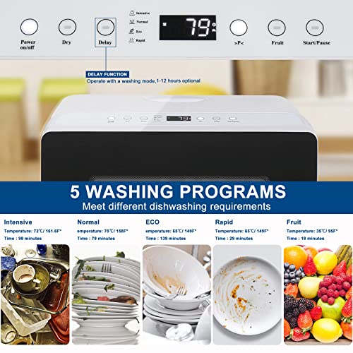 Winado Portable Countertop Dishwasher, Mini Dish Washer with 5 Washing Programs, 5L Built-in Water Tank, Air-dry & Delay Function, Fruit Washing for Apartments, Camping and RV