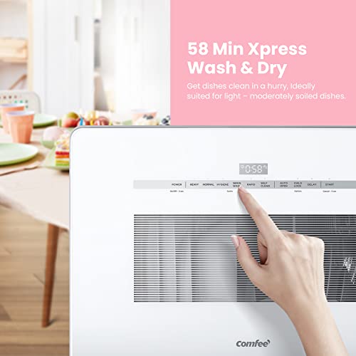 COMFEE' Portable Dishwasher, Countertop Dishwasher with 3 Place Settings, Mini Dishwasher with More Space Inside, 6 Programs, Auto-Open Drying, Touch Control, White