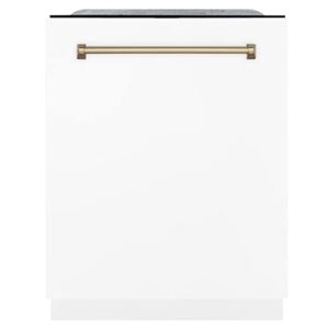 zline autograph edition 24″ 3rd rack top touch control tall tub dishwasher in white matte with champagne bronze handle, 51dba (dwmtz-wm-24-cb)