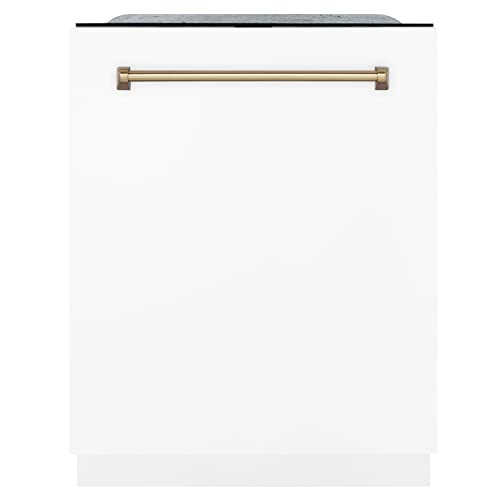 ZLINE Autograph Edition 24" 3rd Rack Top Touch Control Tall Tub Dishwasher in White Matte with Champagne Bronze Handle, 51dBa (DWMTZ-WM-24-CB)