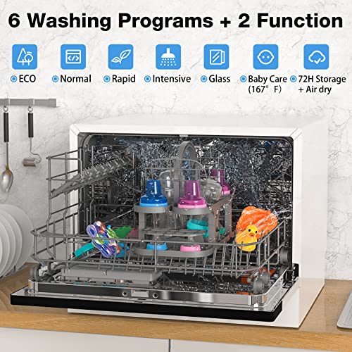 Countertop Dishwasher, Blitzhome BH-DW02 Portable Dishwasher with 6 Place Settings, 6 Programs, 360° Dual Spray, 167℉ Steam & Air-Dry Function, Compact Dishwasher for Apartments& RVs